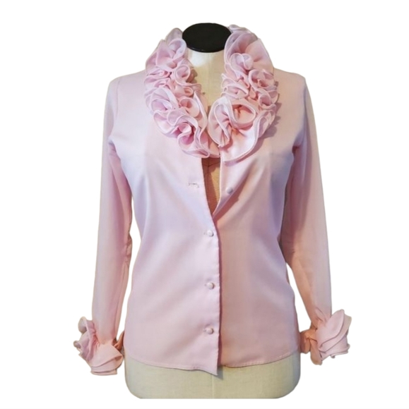 Tops | 7s Sheer Pink Chiffon Ruffle Tuxedo Style Blouse 910 | Poshmark